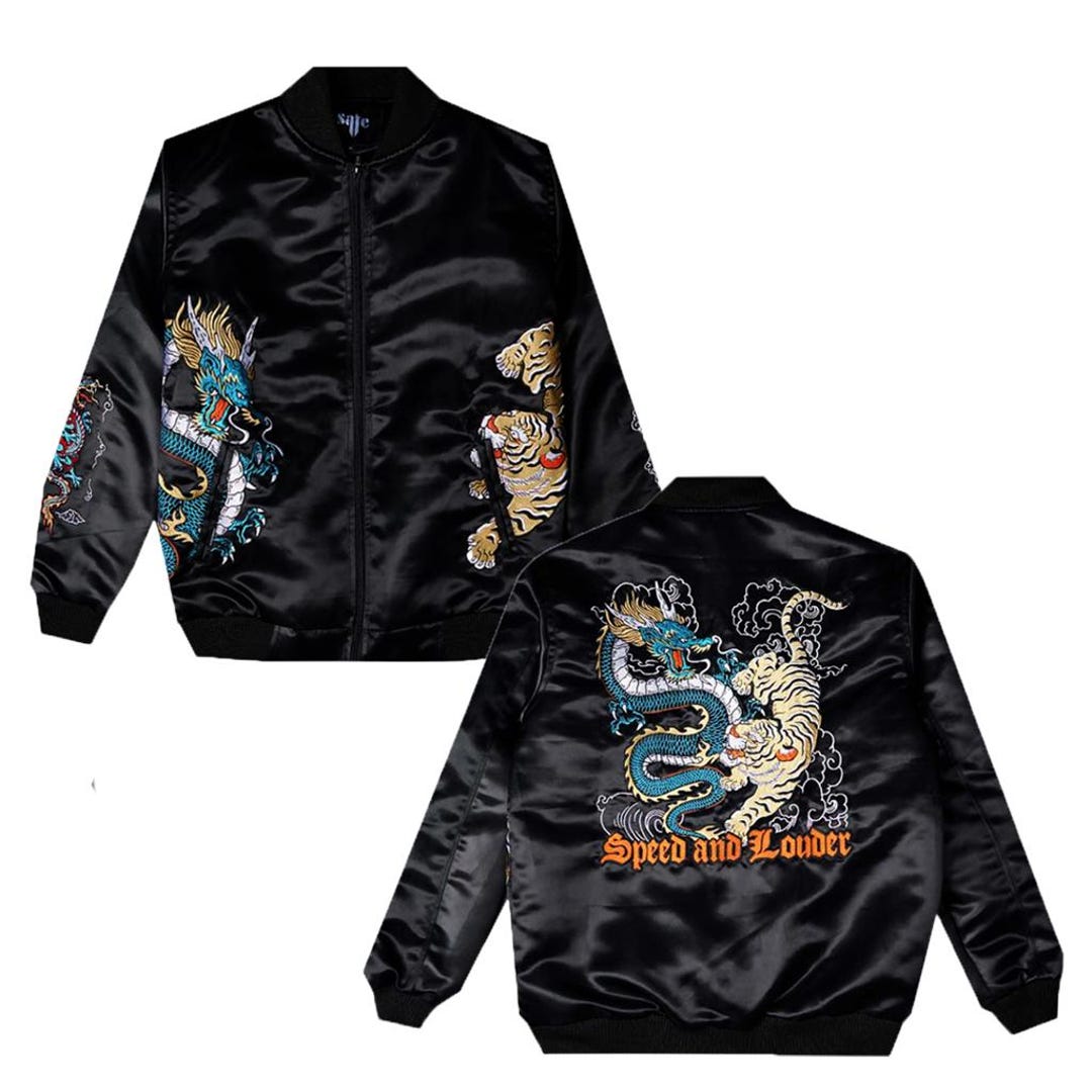 Sukajan Dragon Tiger Black Varsity Jacket - Dragon - Tiger - Asian ...