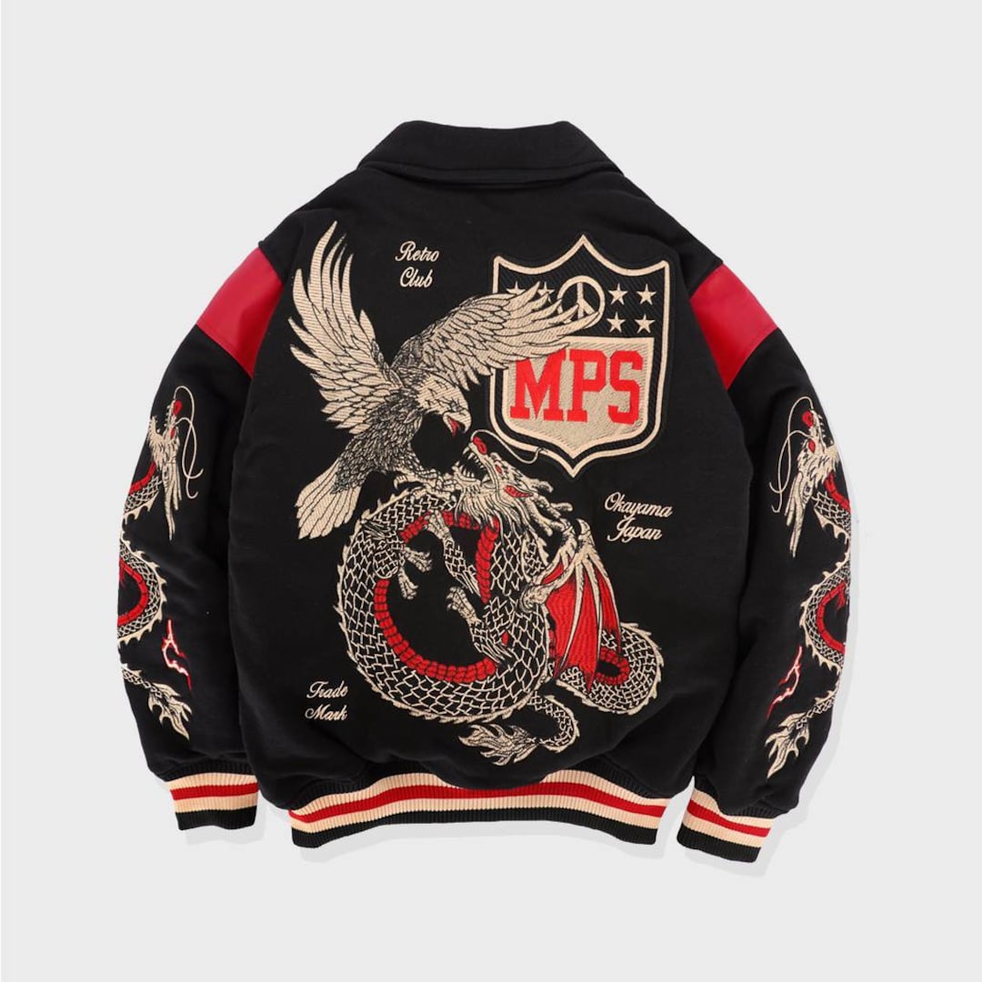 Flying Dragon VS Bird Varsity Jacket - Black - Streetwear - Japanese ...