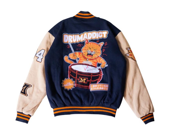 Angry Cat Drum Neko Varsity Jacket - Navy Cream - Streetwear - Japanese ...