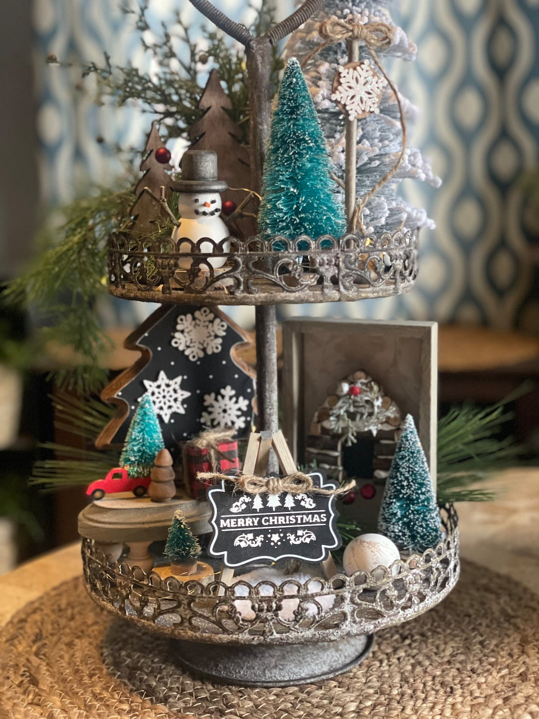 Log Cabin Christmas Tiered Tray Decor: Rustic Buffalo Check Snowman - Etsy