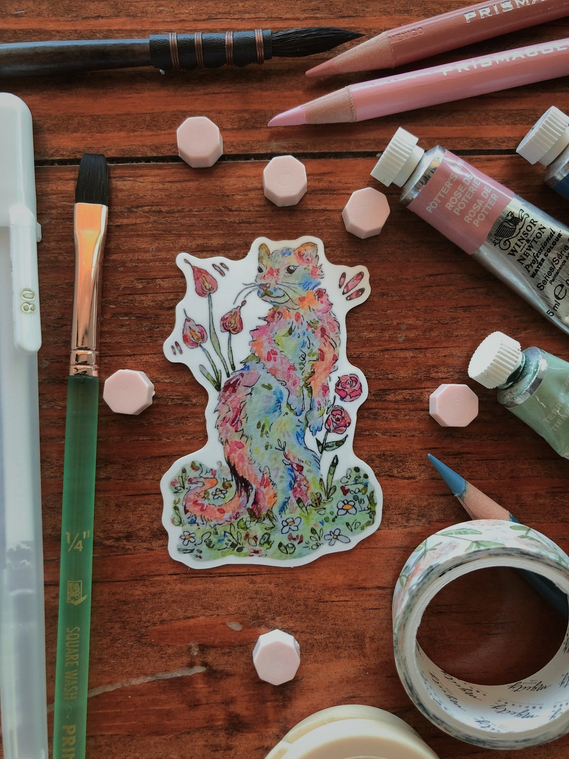 Original Watercolor Ferret With Pink Flowers Waterproof Sticker - Etsy