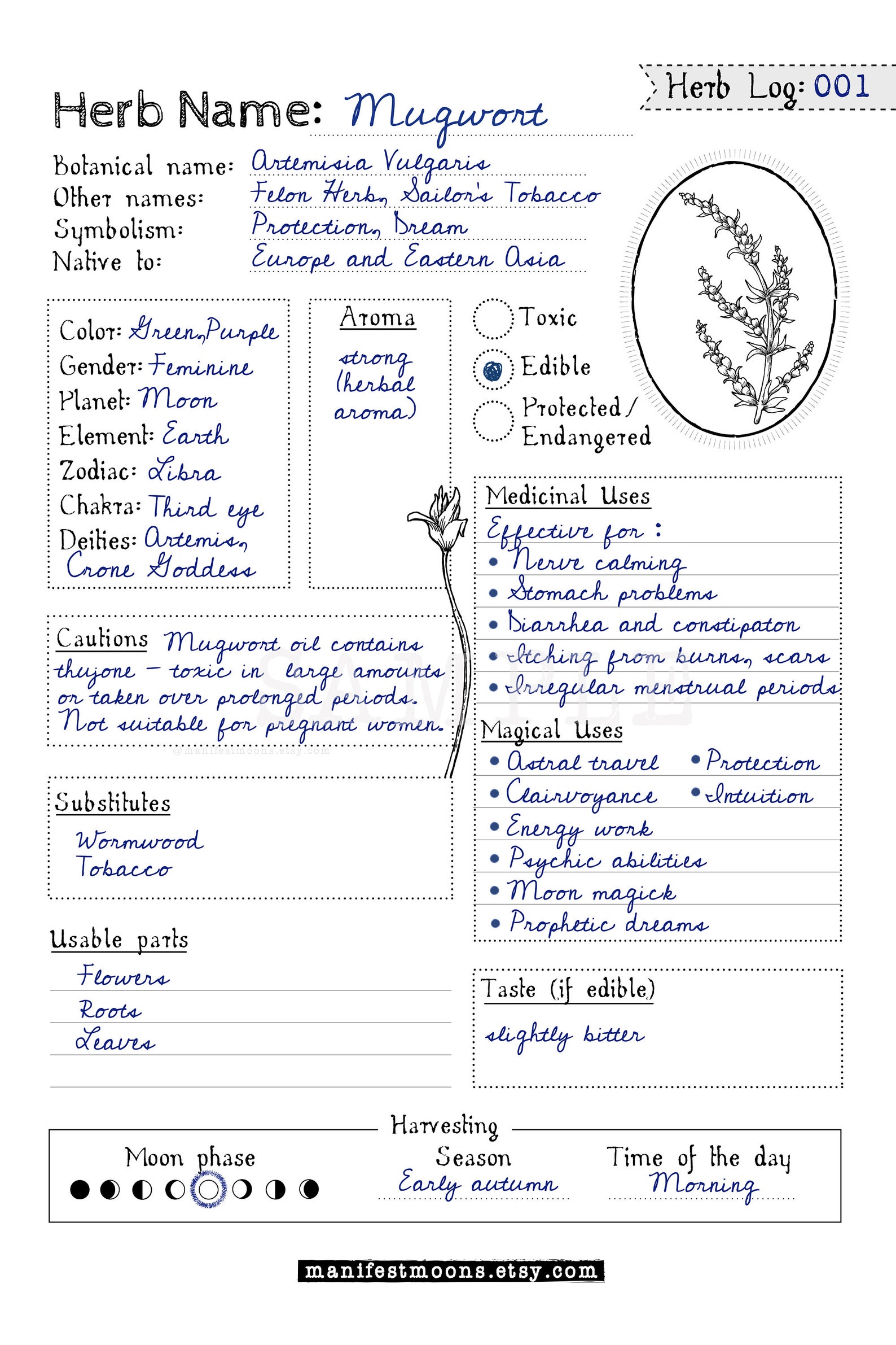 Herbs Journal Page, Herb Template,printable Herbs, Herbology Printable ...