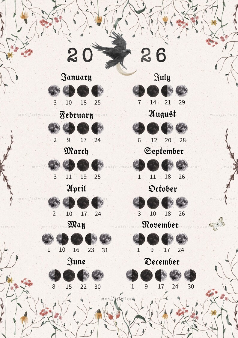 2026 Lunar Calendar Printable , Moon Calendar, Vertical Moon Calendar ...