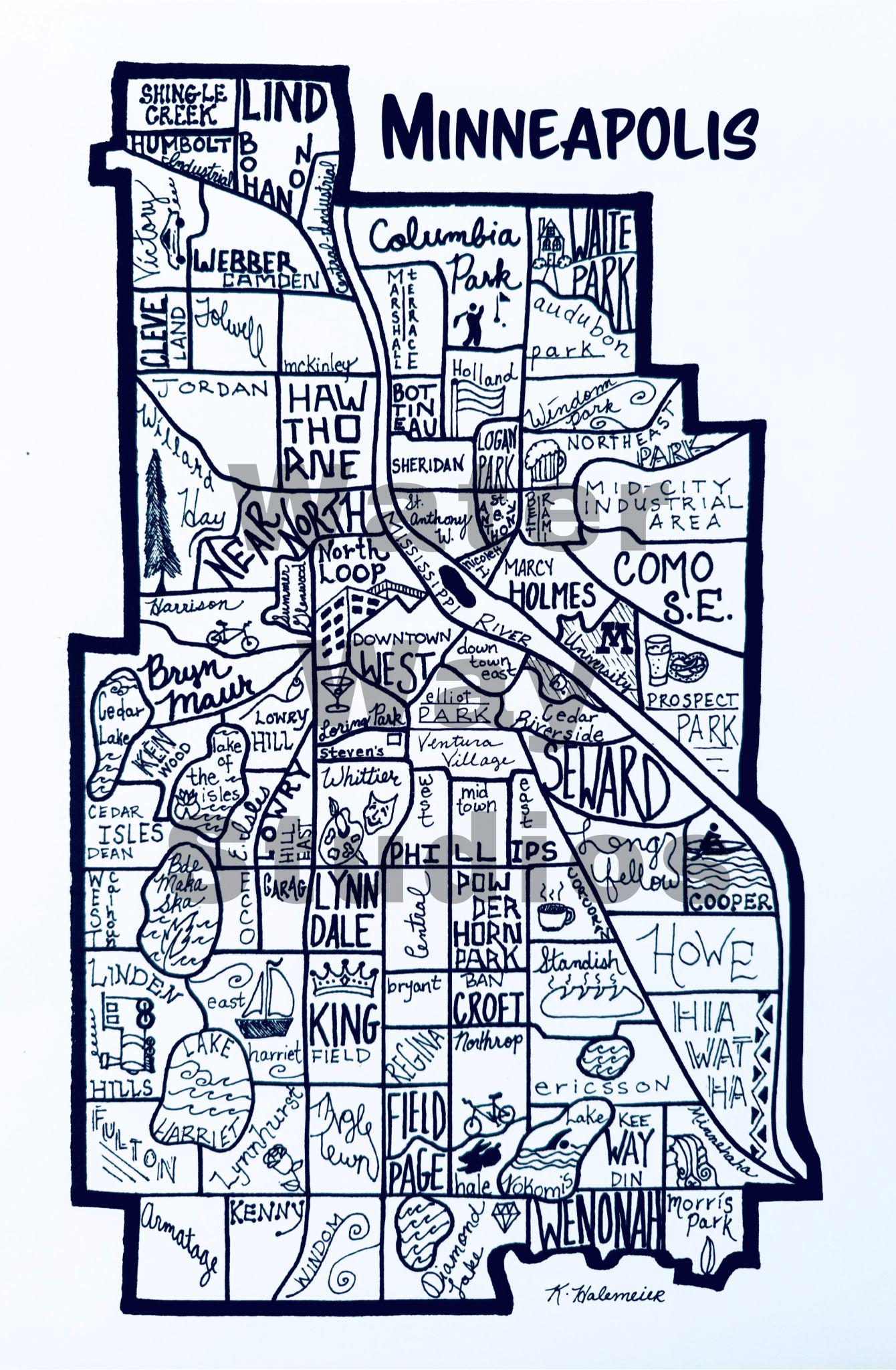Illustrated Minneapolis Neighborhood Map: 12 X 18 Inches - Etsy