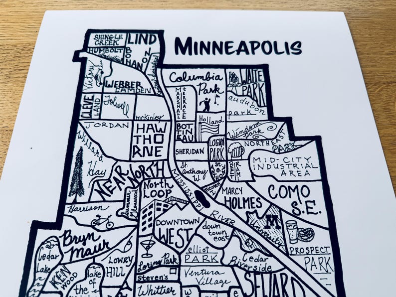 Illustrated Minneapolis Neighborhood Map: 12 X 18 Inches - Etsy