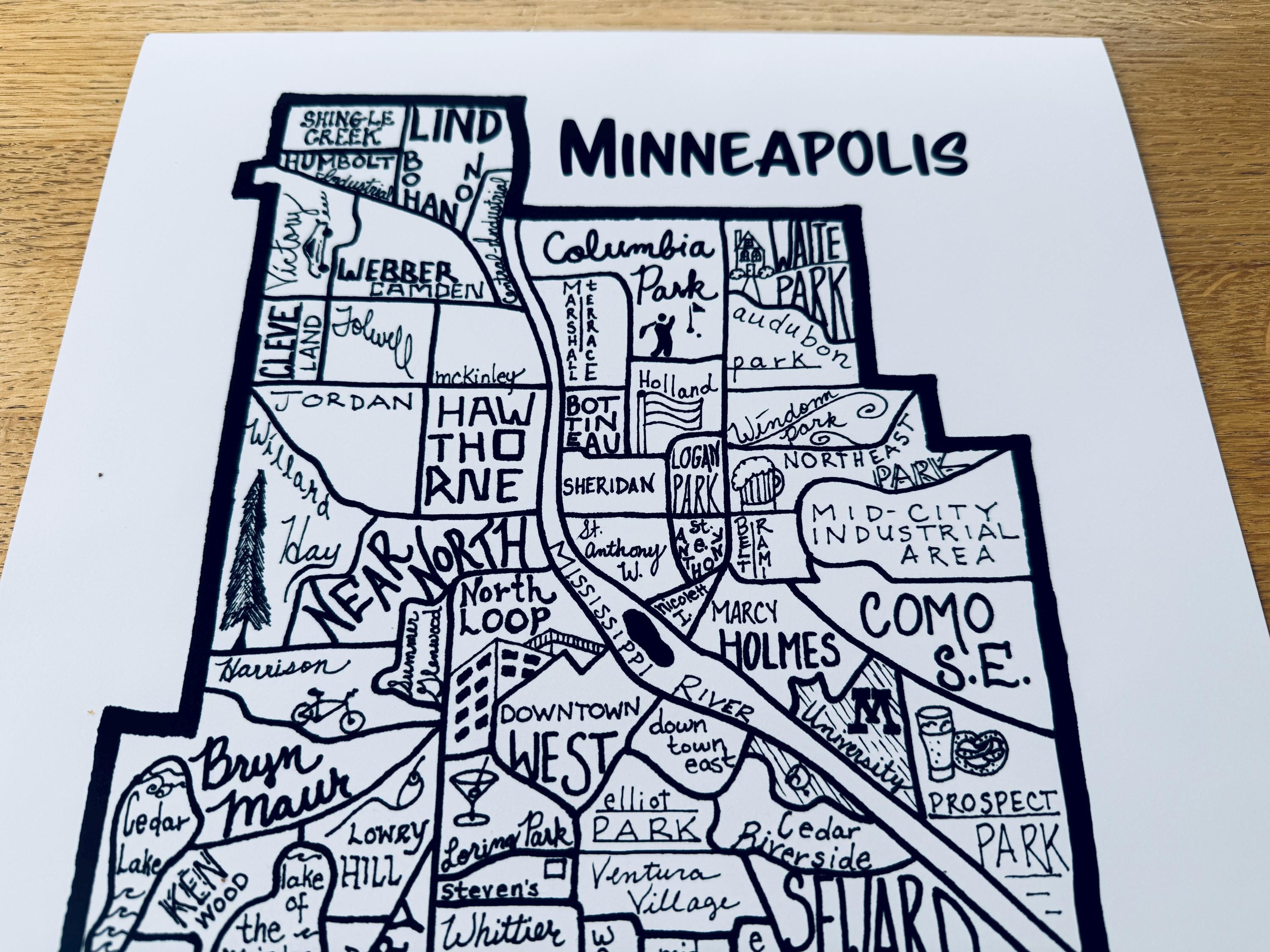 Illustrated Minneapolis Neighborhood Map: 12 X 18 Inches - Etsy