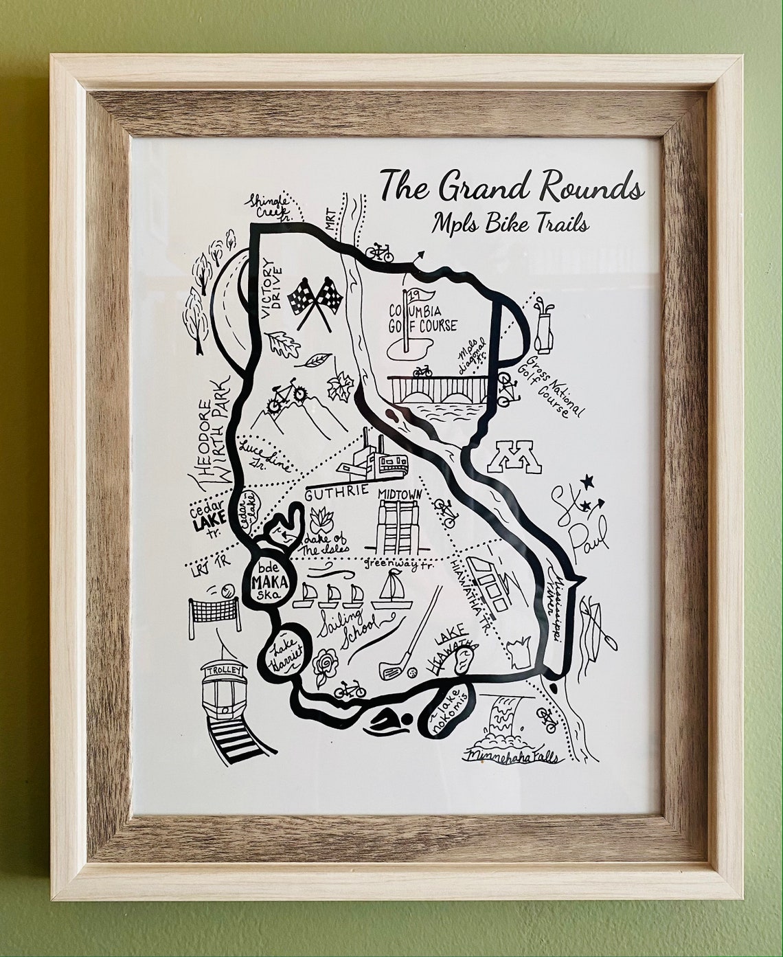 Minneapolis Grand Rounds Bike Map: 11 X 14 Inches - Etsy
