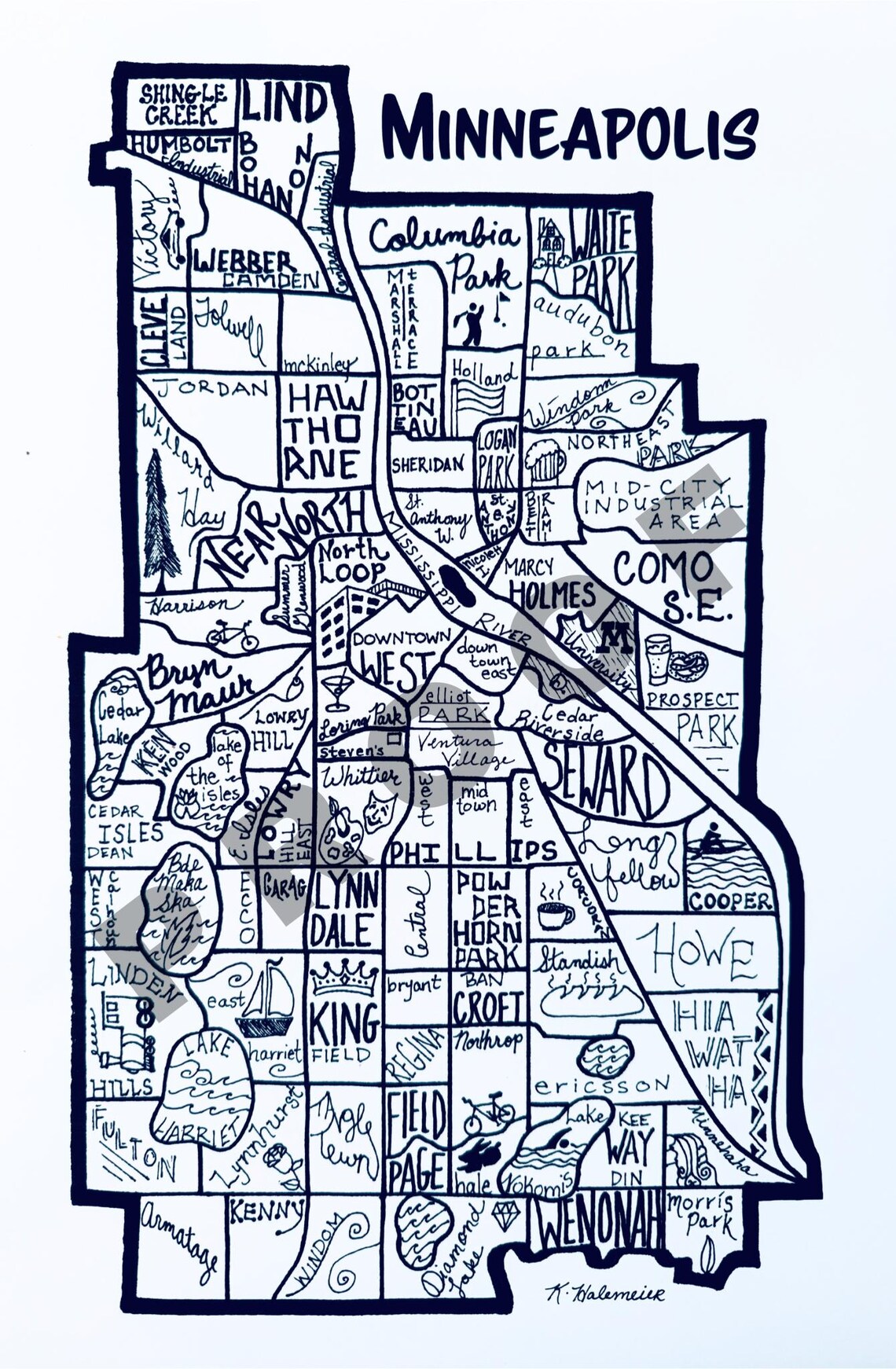 Illustrated Minneapolis Neighborhood Map: 12 X 18 Inches - Etsy