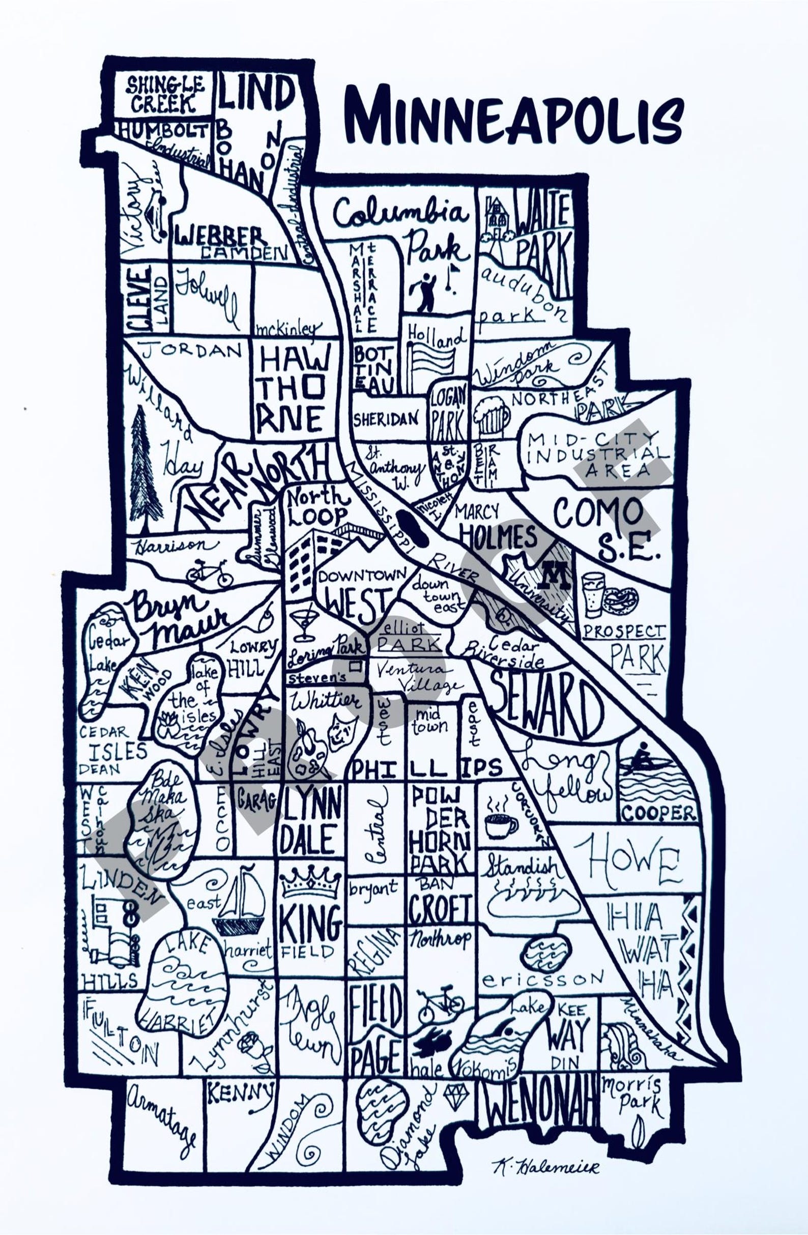 Illustrated Minneapolis Neighborhood Map: 12 X 18 Inches - Etsy