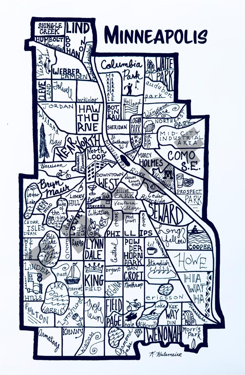 Illustrated Minneapolis Neighborhood Map: 12 X 18 Inches - Etsy