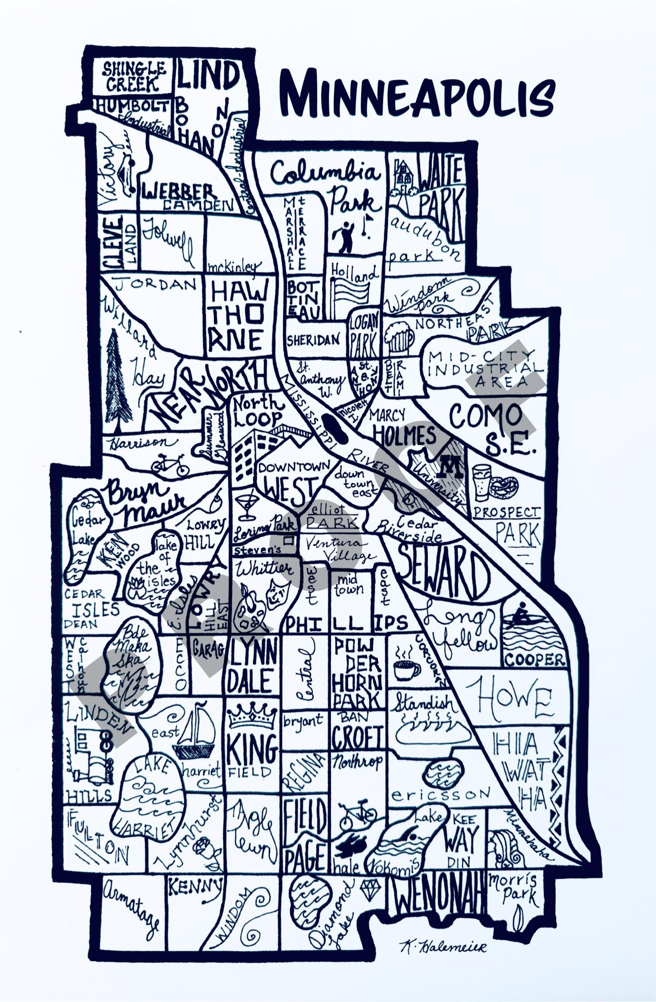 Illustrated Minneapolis Neighborhood Map: 12 X 18 Inches - Etsy
