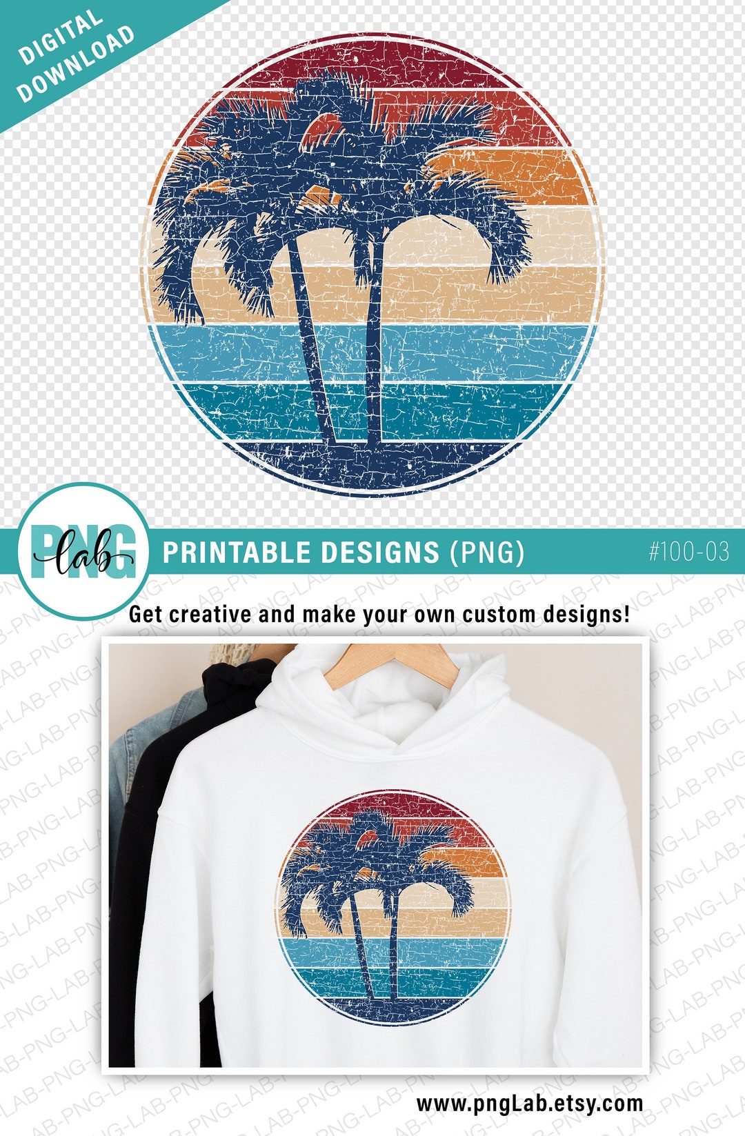 Retro Sunset and Palms Circle PNG File / Round Sublimation Circle Design / Distressed Grunge ...