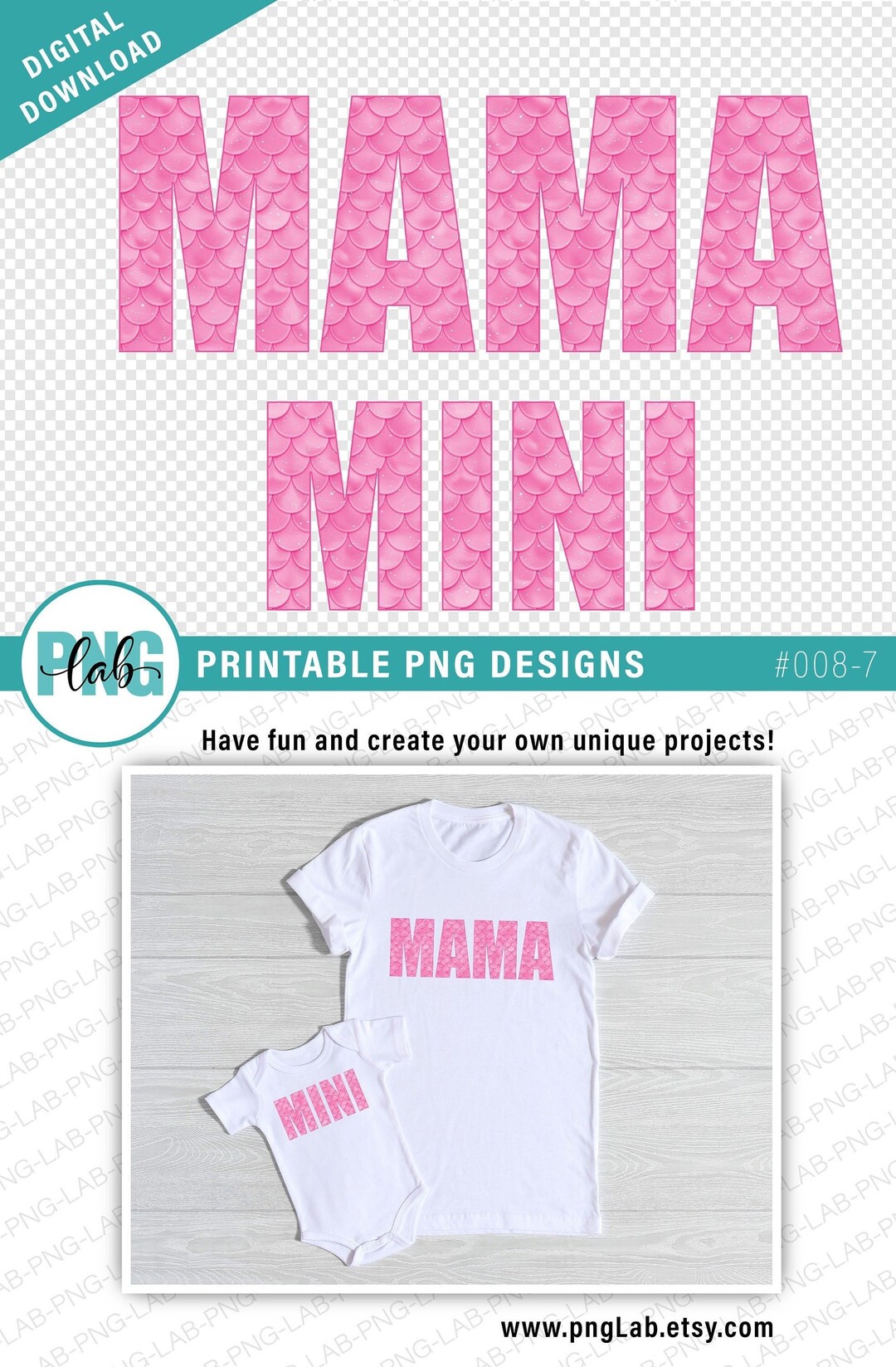 MAMA y MINI Archivo PNG Pink Mermaid Pattern Print / Printable Mama ...