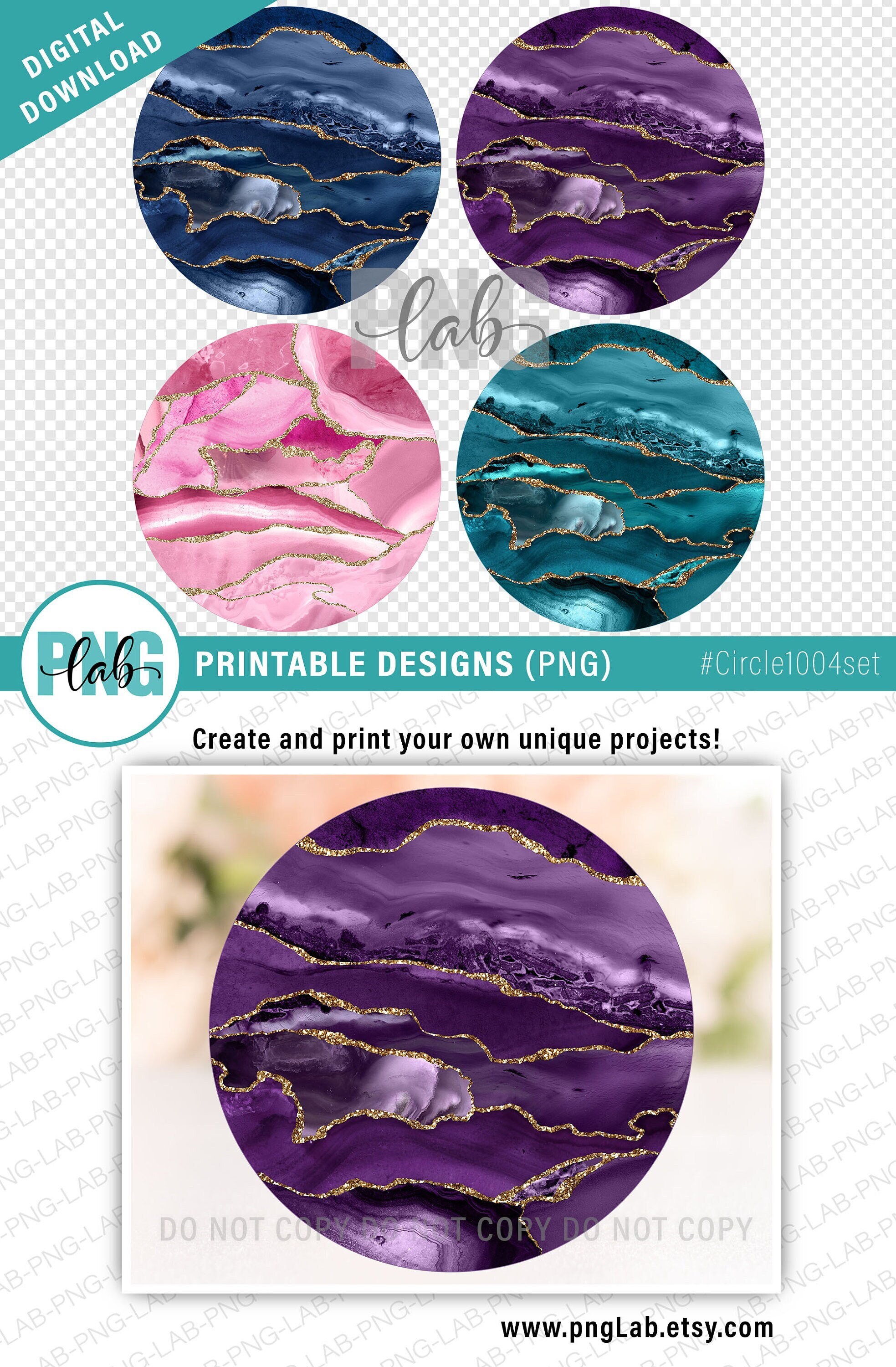 Agate Gold Glitter Circle PNG Design Set, Round Sublimation Design ...