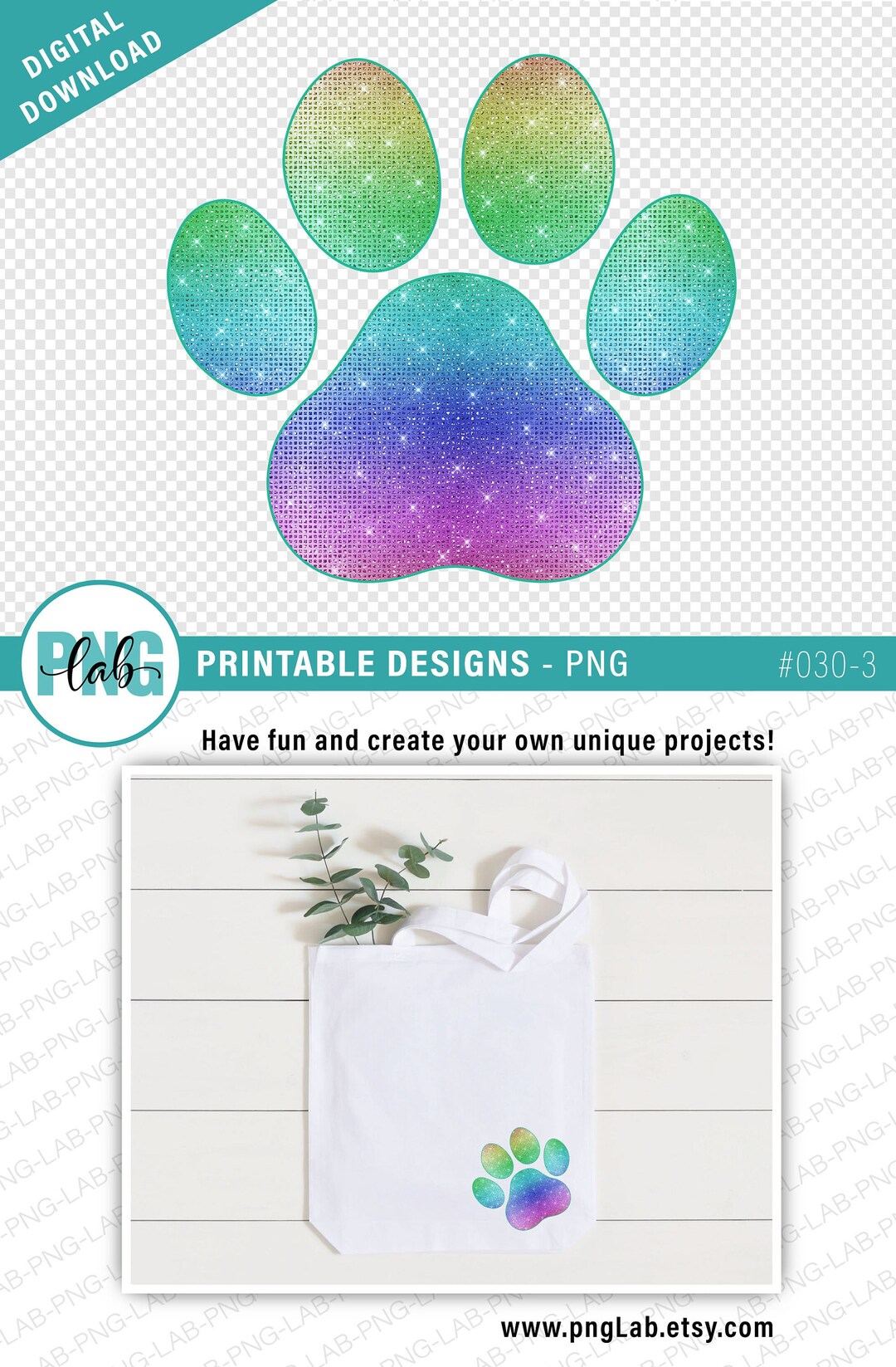 Paw Print Design PNG File Rainbow Glitter Animal Paw, Dog Paw, Cat Paw ...