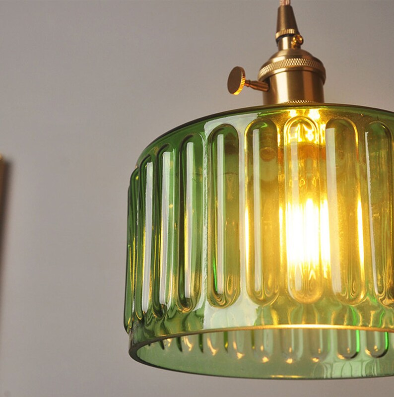 Fluted Glass Short Cylinder Pendant Led Light In Vintage Style Etsy
