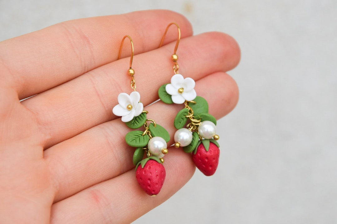 Strawberry Earrings Strawberry Polymer Clay Earrings Floral Strawberry ...