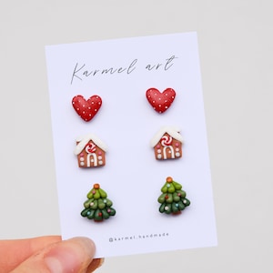 Christmas Stud Earrings Set of 3 Christmas Tree Earrings Gingerbread House Studs Christmas Stud ...