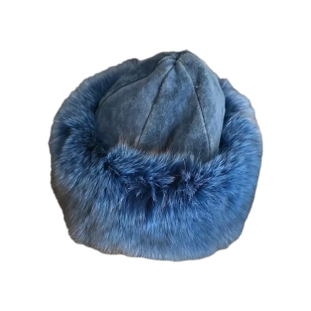 Blue Suede Faux Fur Mongolian Russian Style Winter Cossack Hat Womans ...