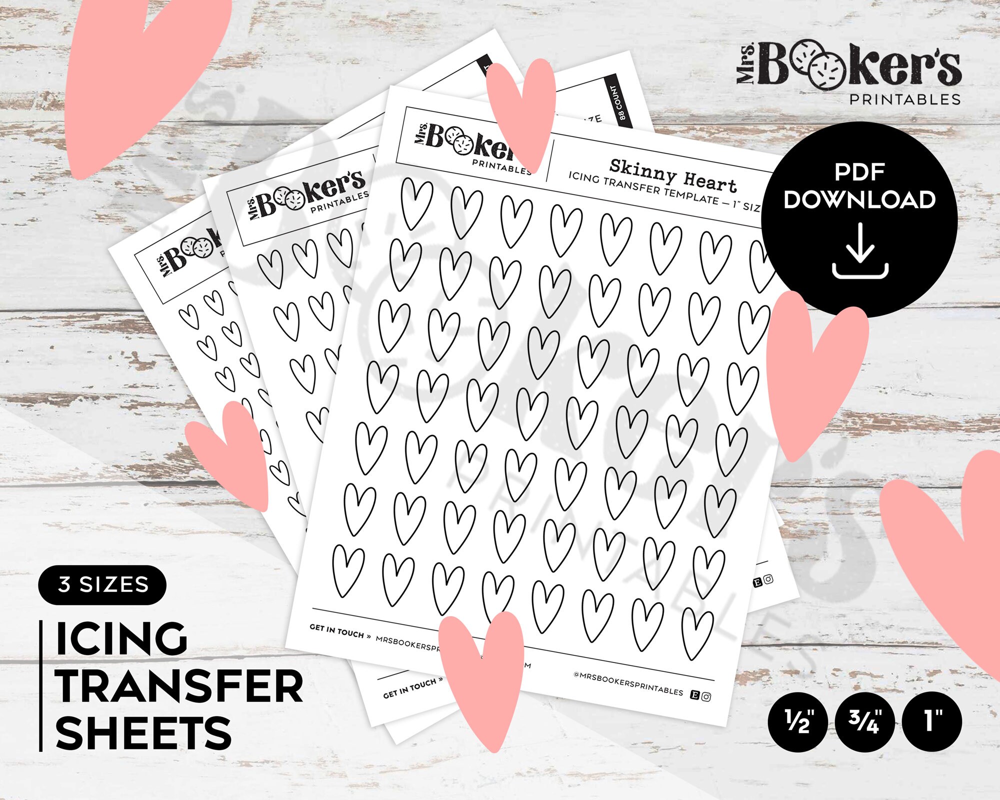 Skinny Heart Transfer Sheet, Heart Icing Transfers, Valentine's Day ...