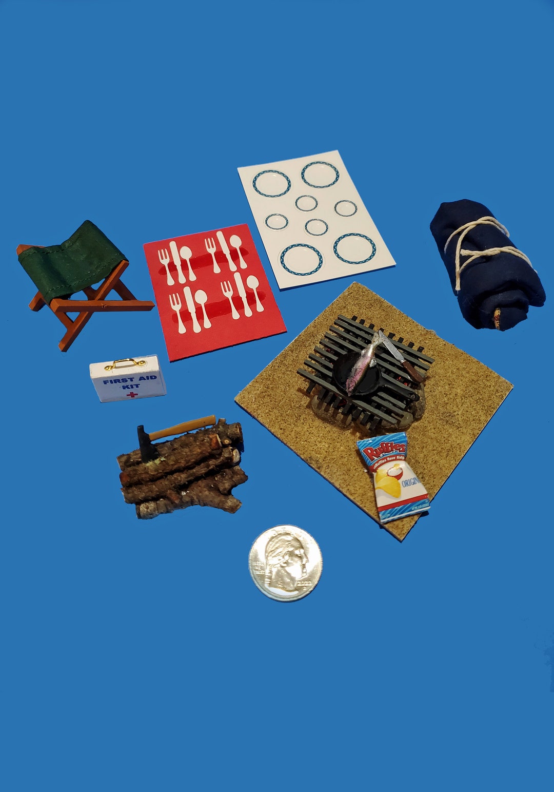 1:12 Scale Miniature Camping Set Includes a Fish Fry Campfire, Woodpile ...