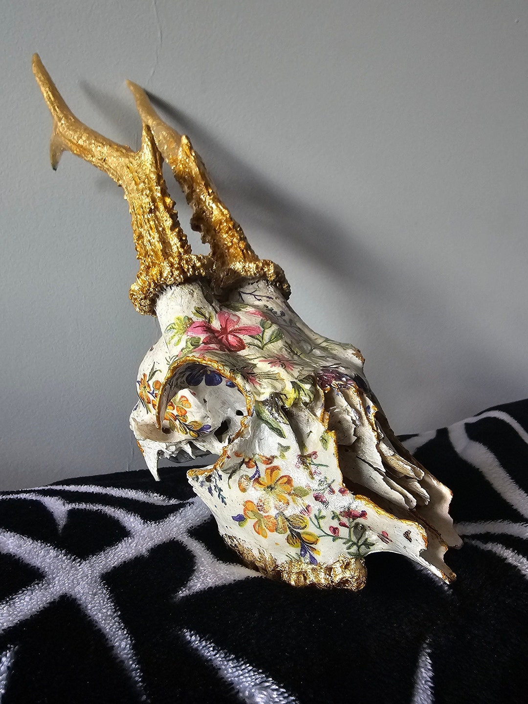 BUCKY III: Roe Deer Buck Skull With Gold Antlers and Teeth, Decoupage ...