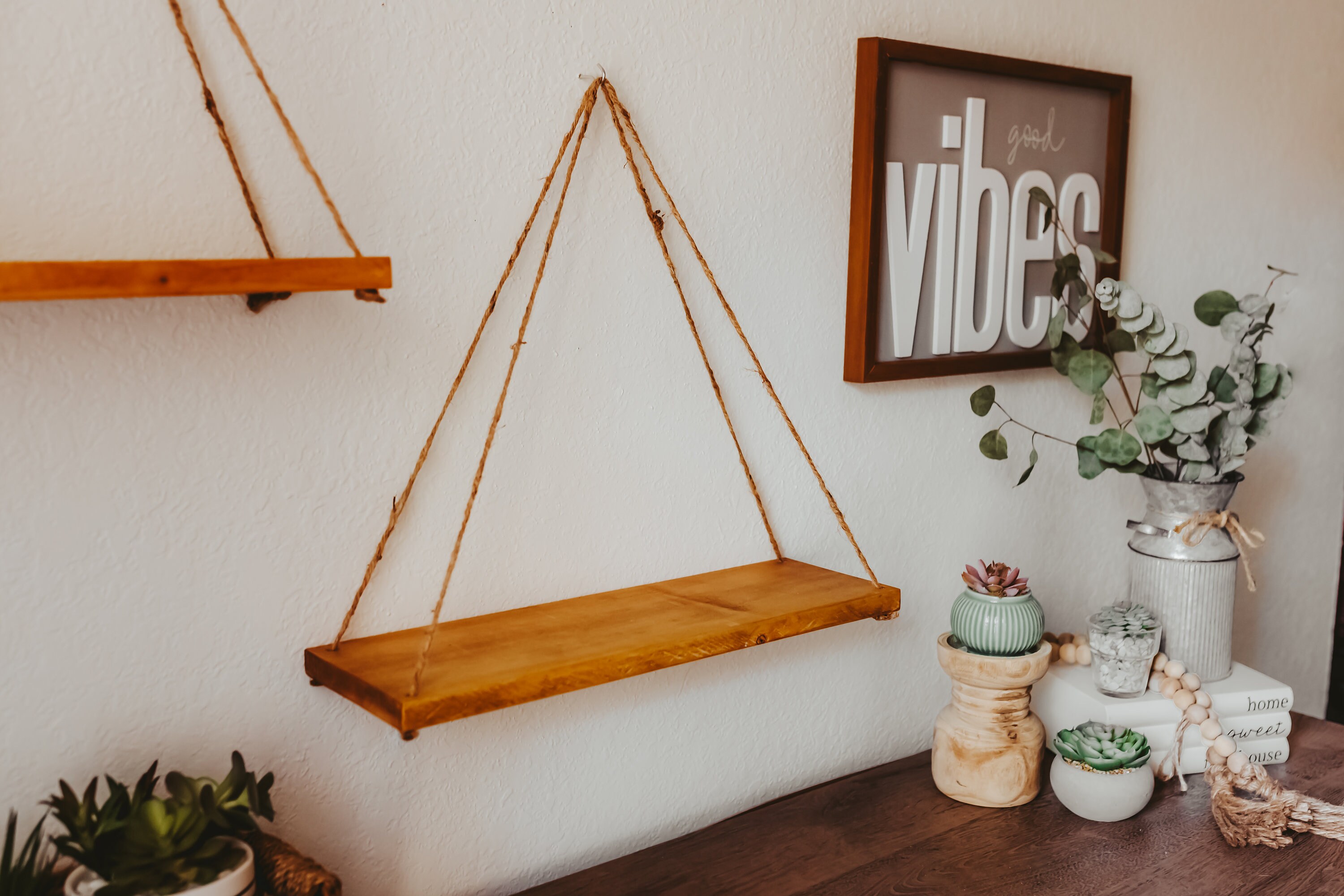 Set of 2 Hanging Rope Shelf Wooden Home Decor Rustic Wood - Etsy
