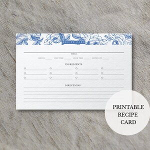 Printable Recipe Card | Vintage Blue Flower Recipe Cards 4x6 | Instant ...