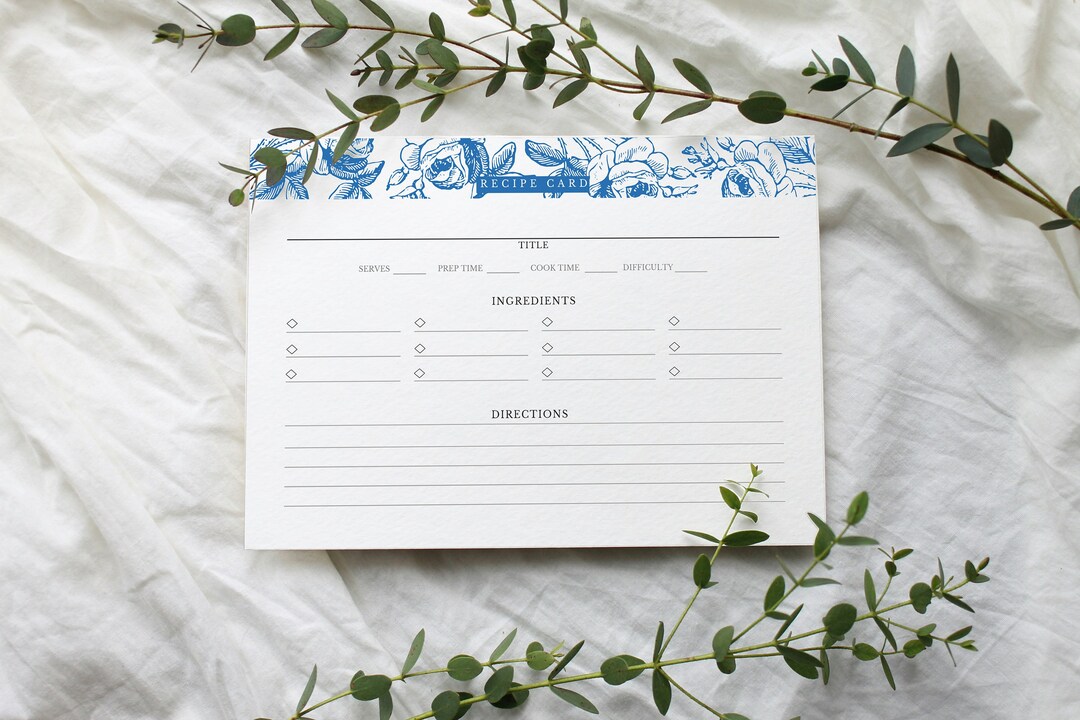 Printable Recipe Card | Vintage Blue Flower Recipe Cards 4x6 | Instant ...