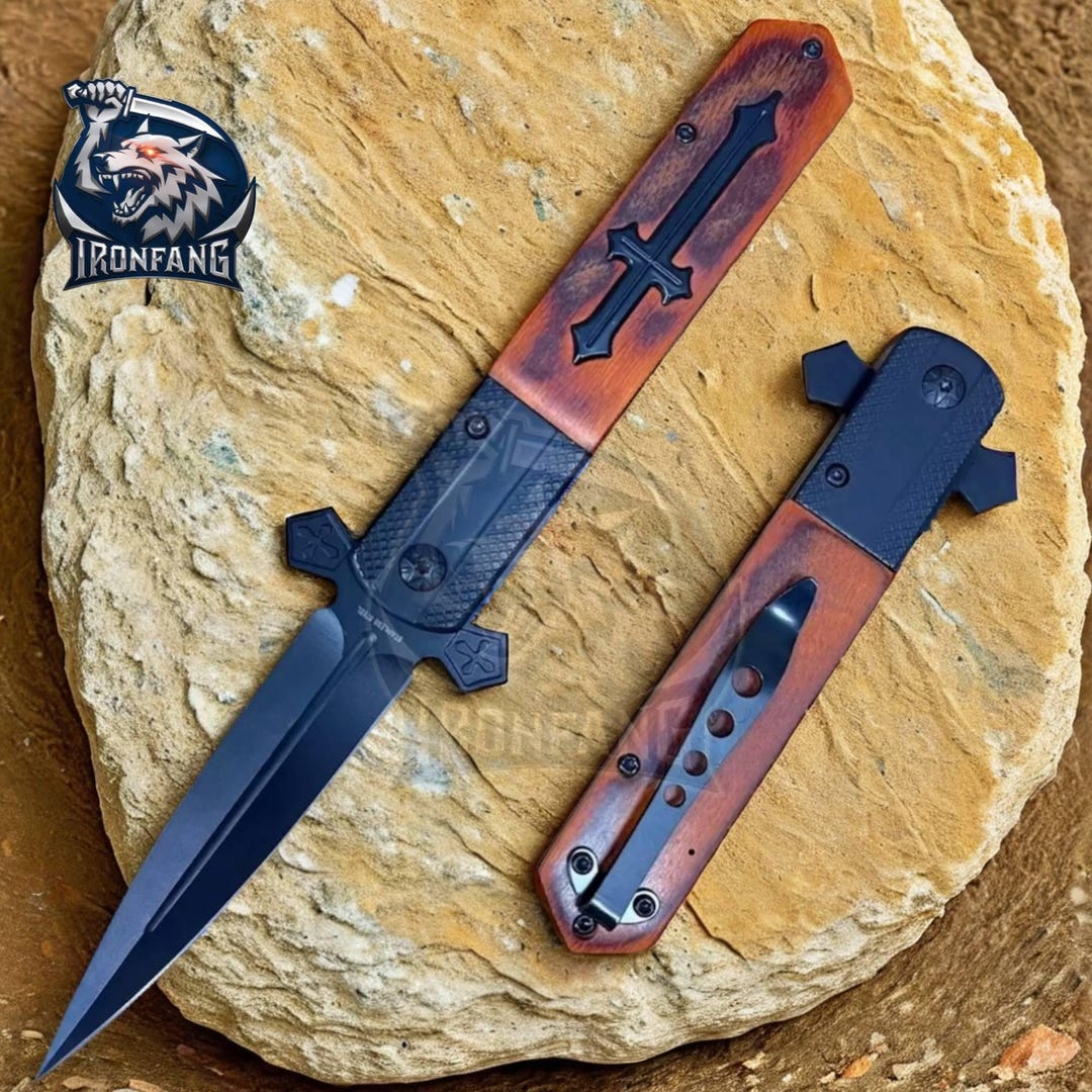 9" Wood Celtic Cross Handle Spring Assisted Folding Pocket Knife Gift ...