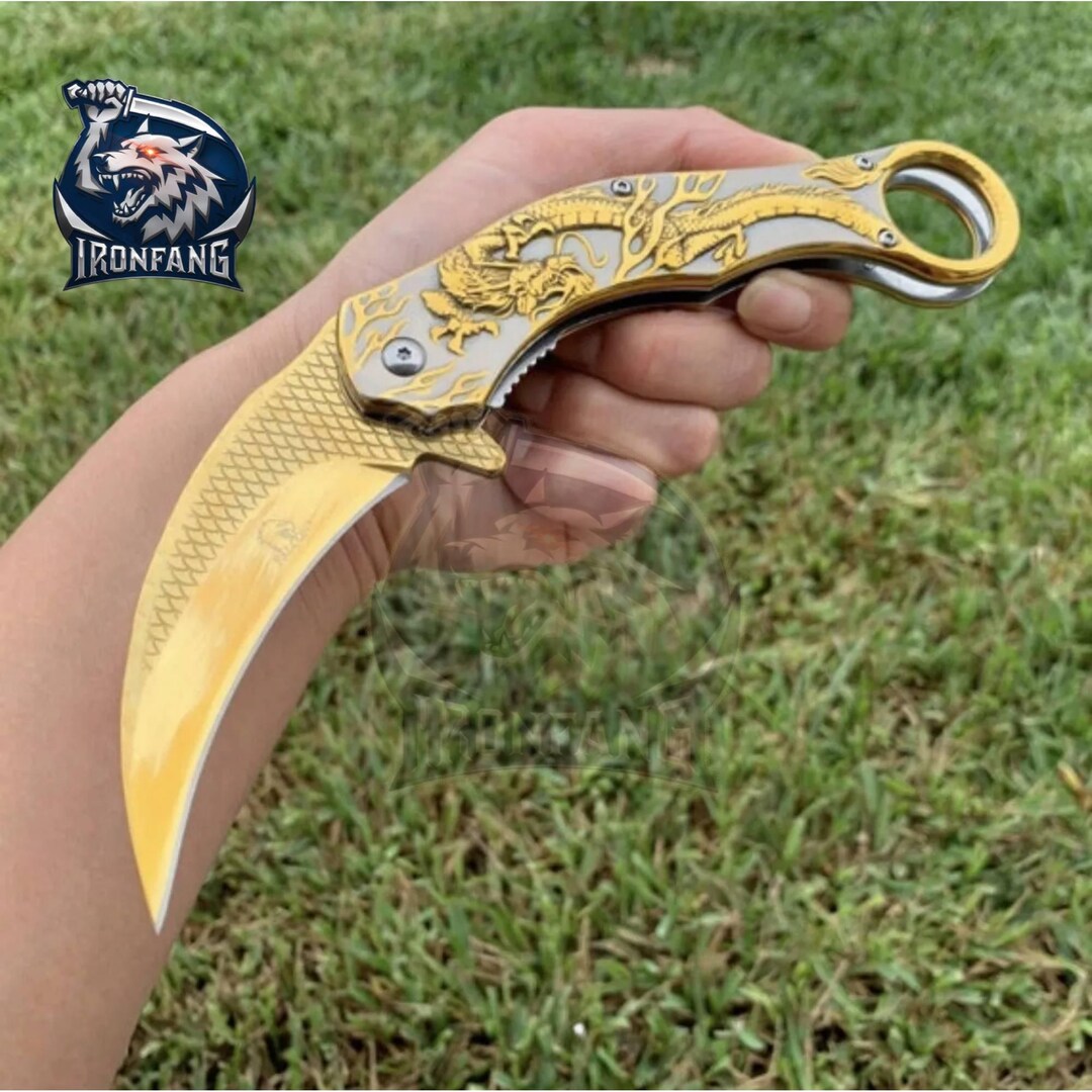 9” Gold CS:GO Sculpt Dragon Karambit Spring Assisted Folding Pocket ...