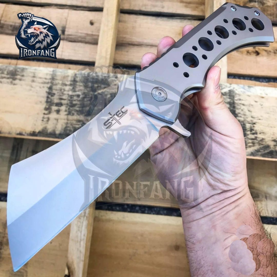 12" Giant Razor Sharp Cleaver Silver BALL BEARING Folding Style Camping ...