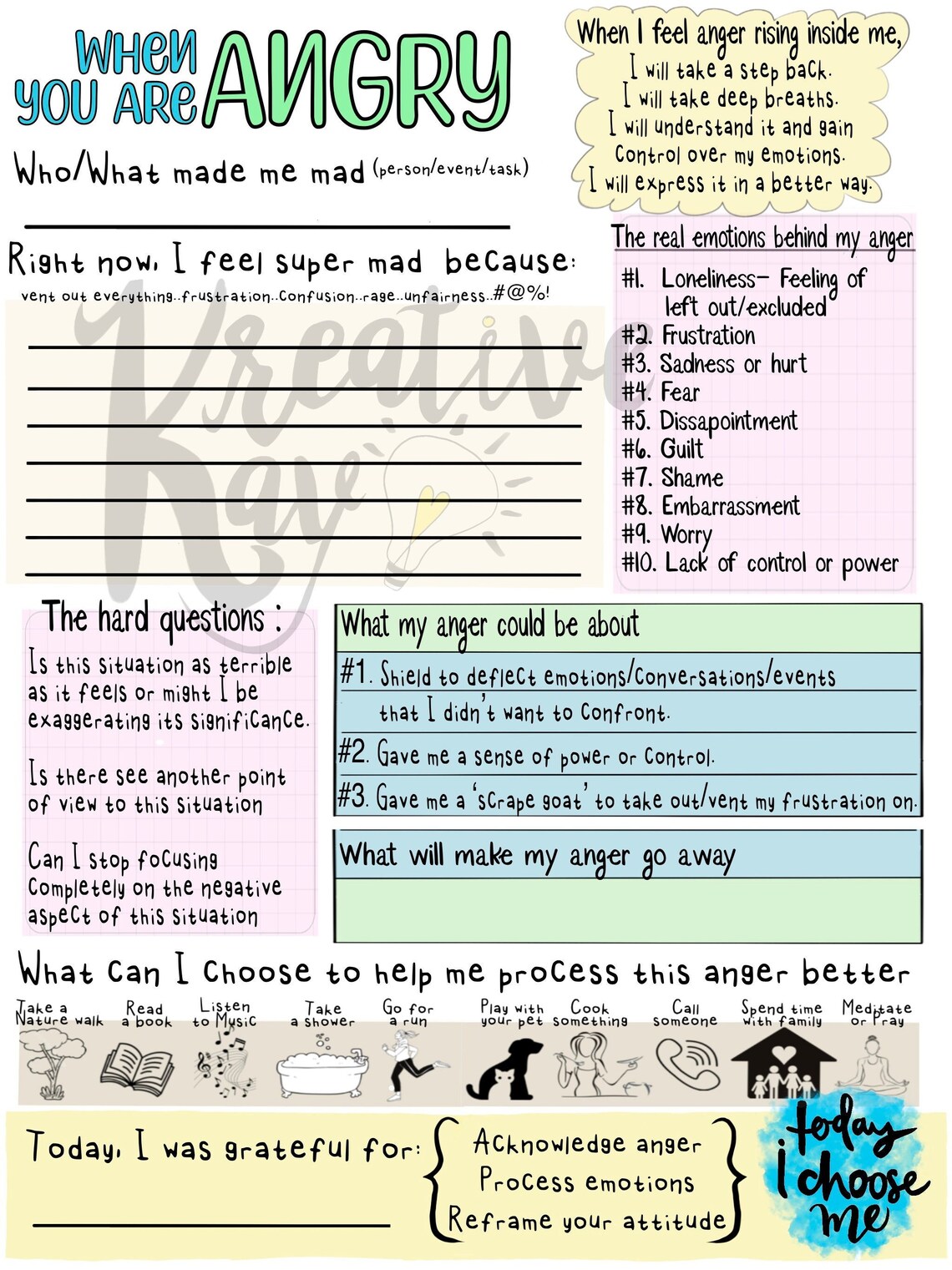 Calm Your Anger, Worksheets for Therapy, Self Help, Self Care. - Etsy