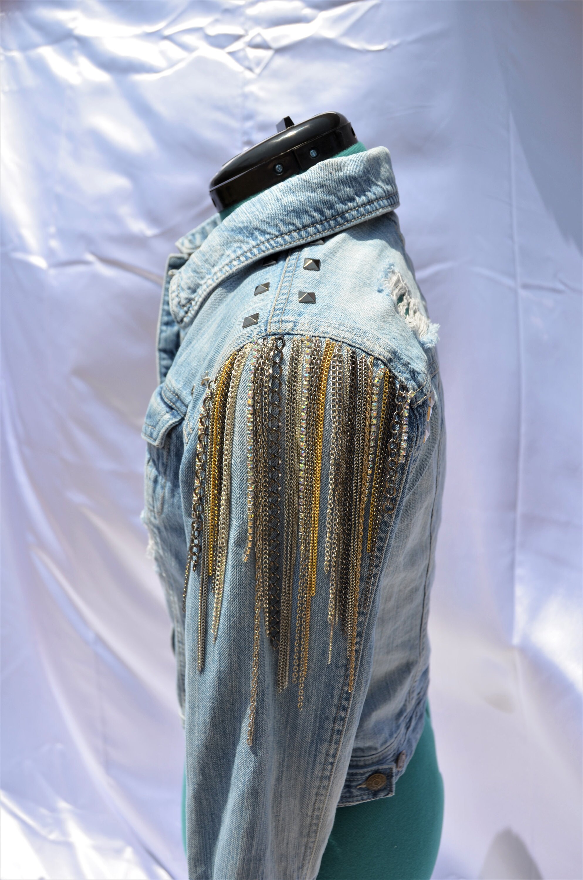 Jean Jacket W/ Assorted Chain Detailing Studded Denim Jacket Rhinestone ...
