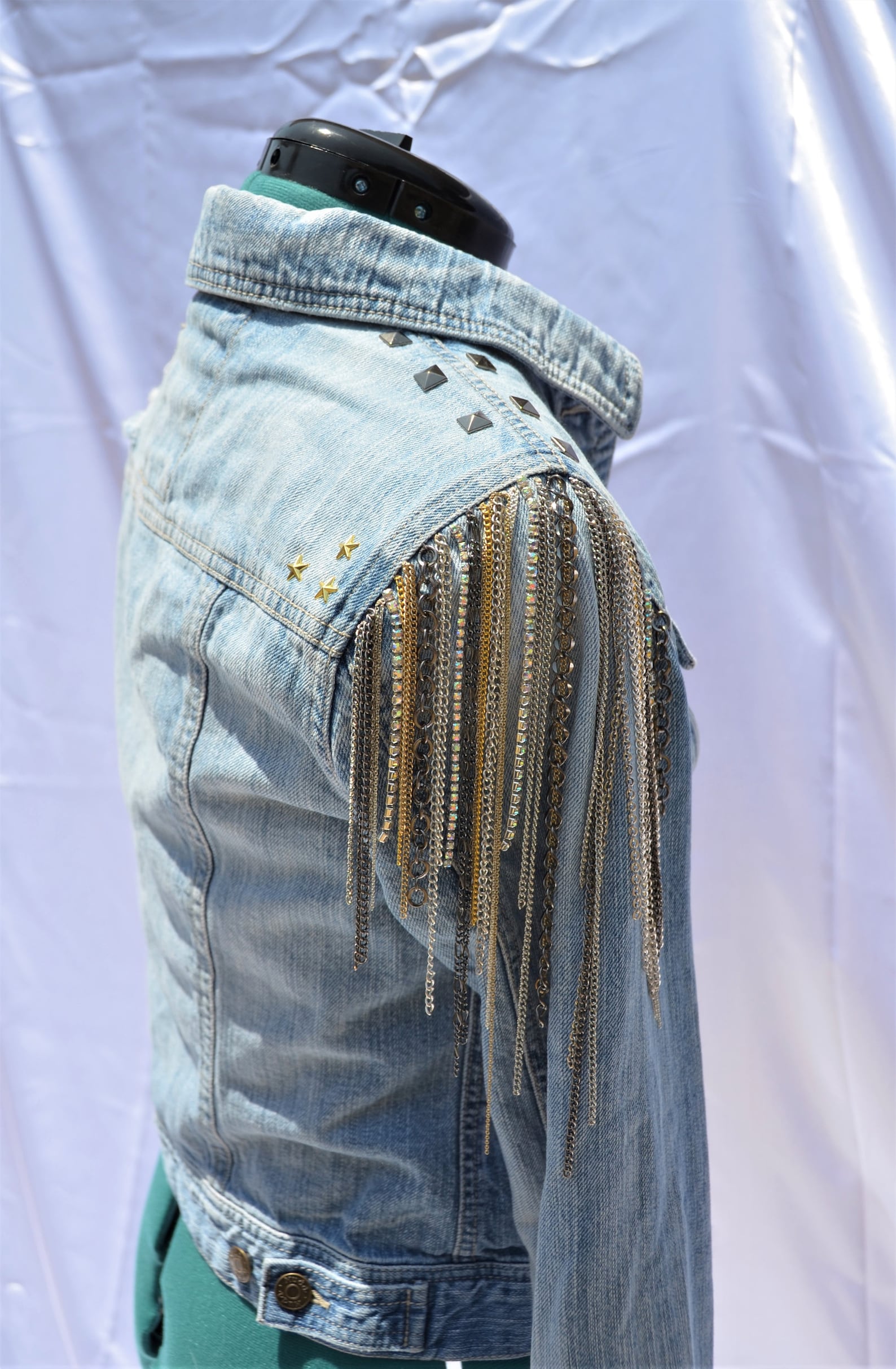 Jean Jacket W/ Assorted Chain Detailing Studded Denim Jacket Rhinestone ...