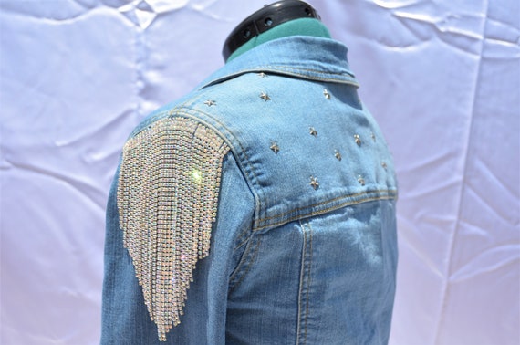 Rhinestone Fringe Jean Jacket Star Studded Denim Jacket | Etsy