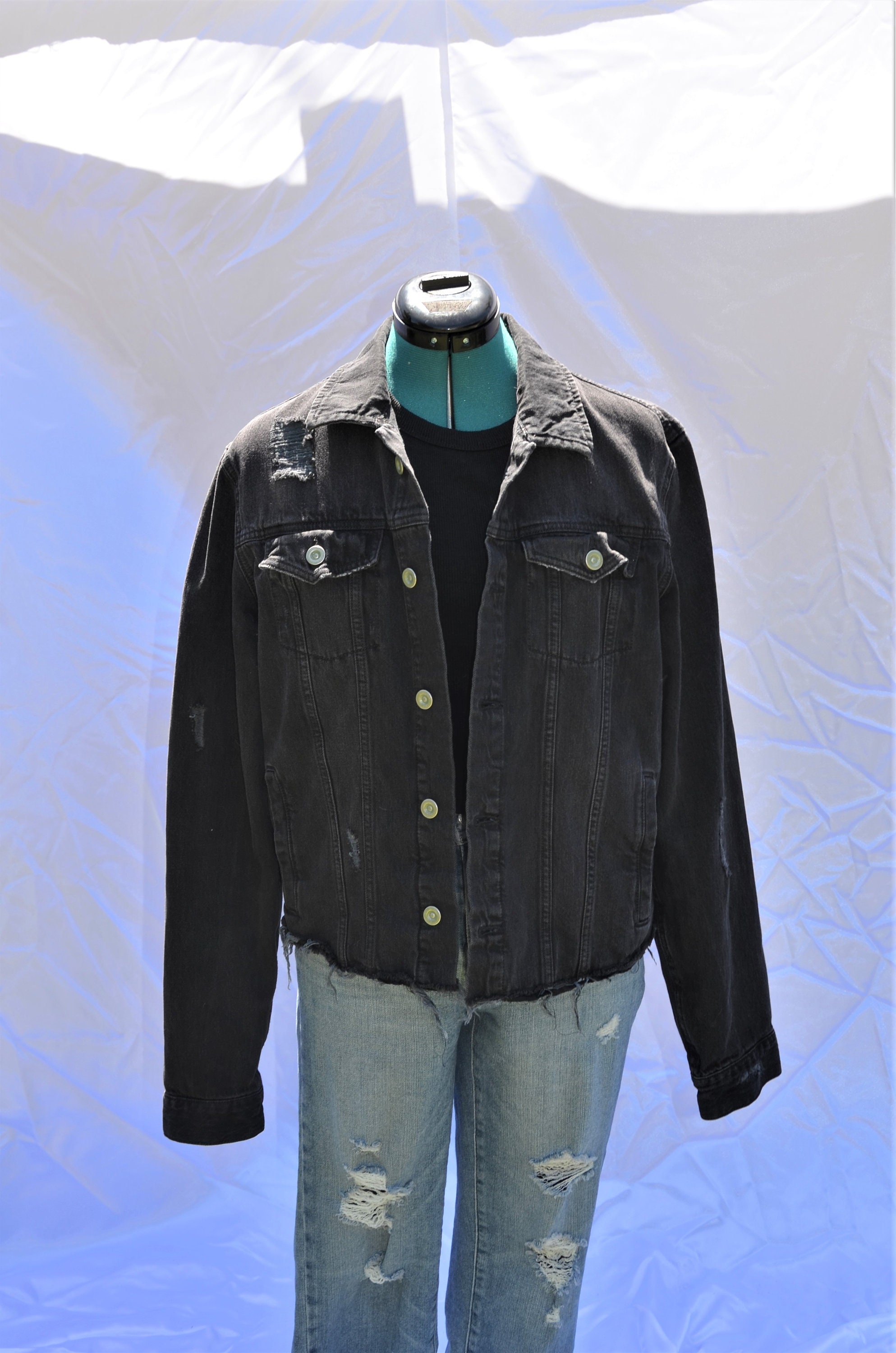 Distressed Denim Jacket With Rhinestones | Jean Jacket | Rhinestone ...