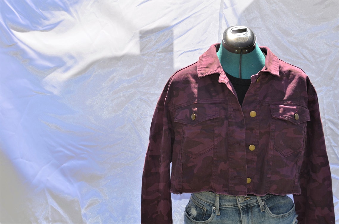 Maroon Camo Cropped Jacket | Denim | Jean | Distressed | Rhinestone ...