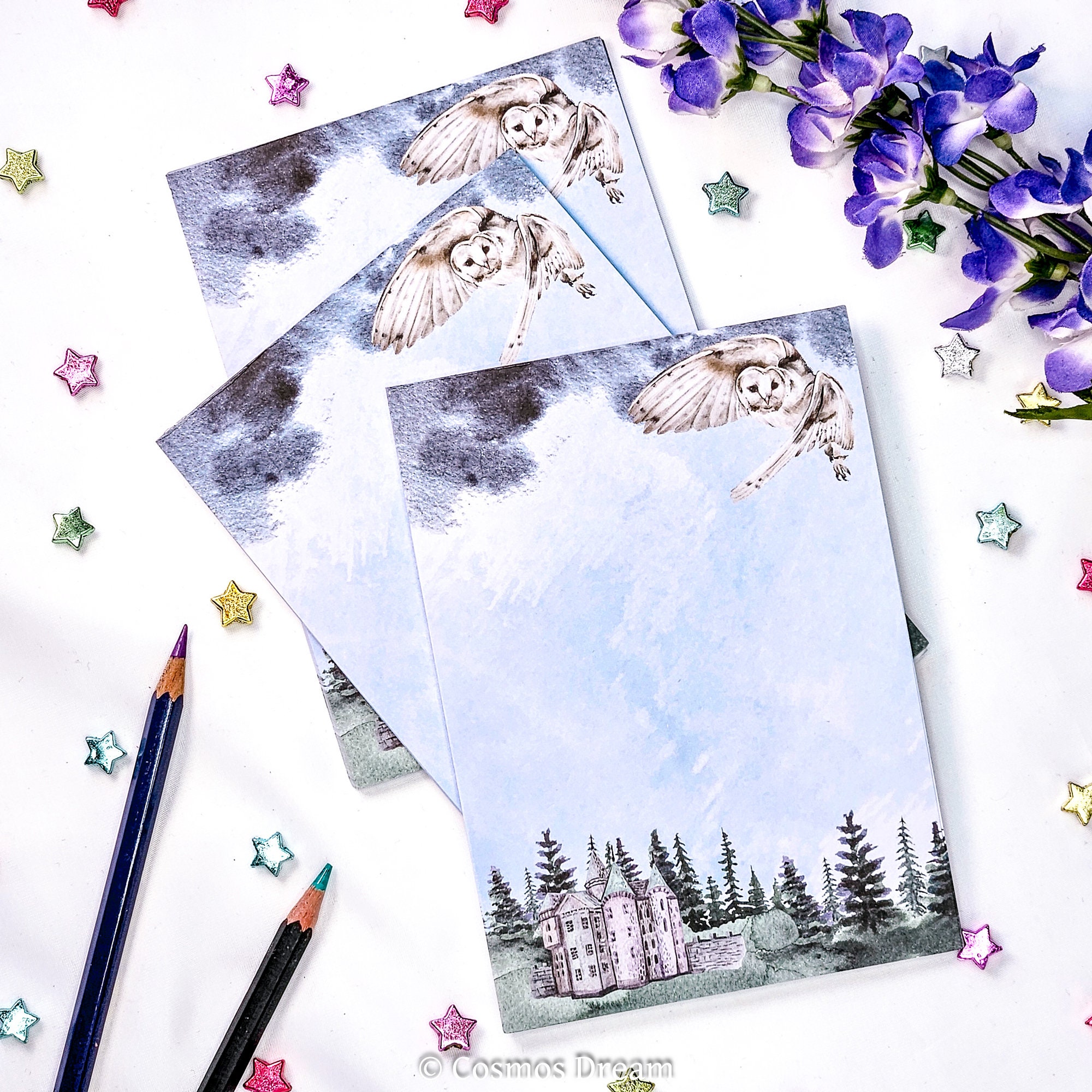 Magical Snowy Owl and Ancient Castle Notepad, Wizard School Themed Mini ...