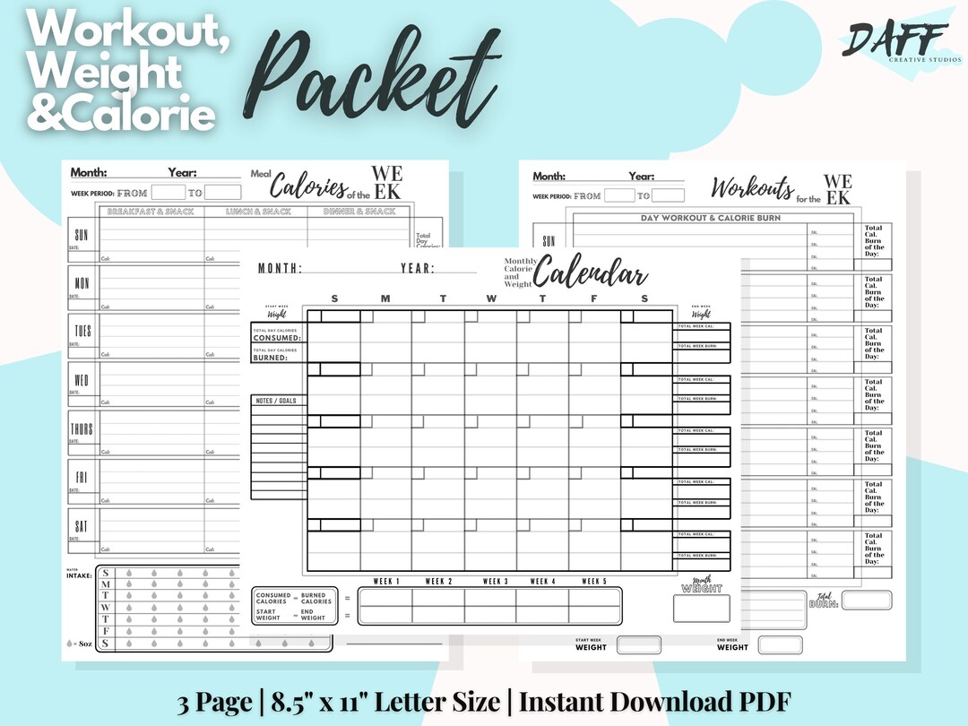 Monthly Weight and Calorie Tracker Calendar Weekly Calorie Tracker ...