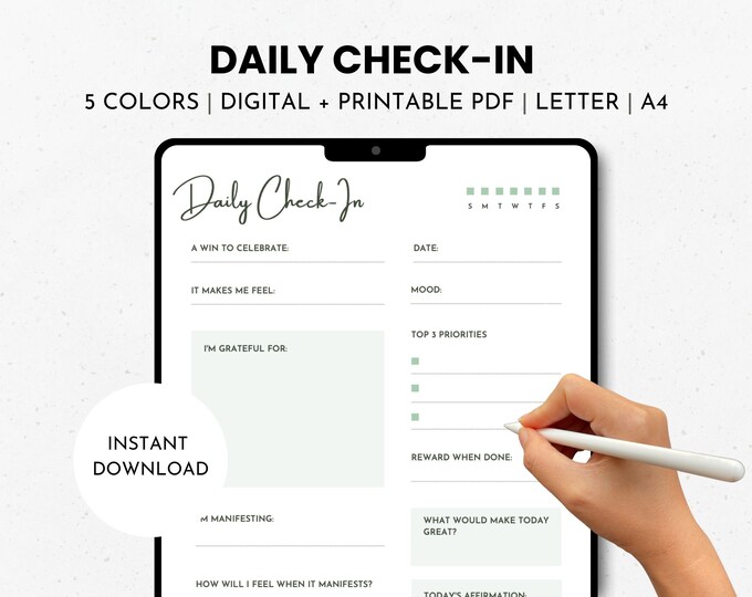 Daily Check-in Digital Planner Digital Gratitude Journal Daily Mood ...