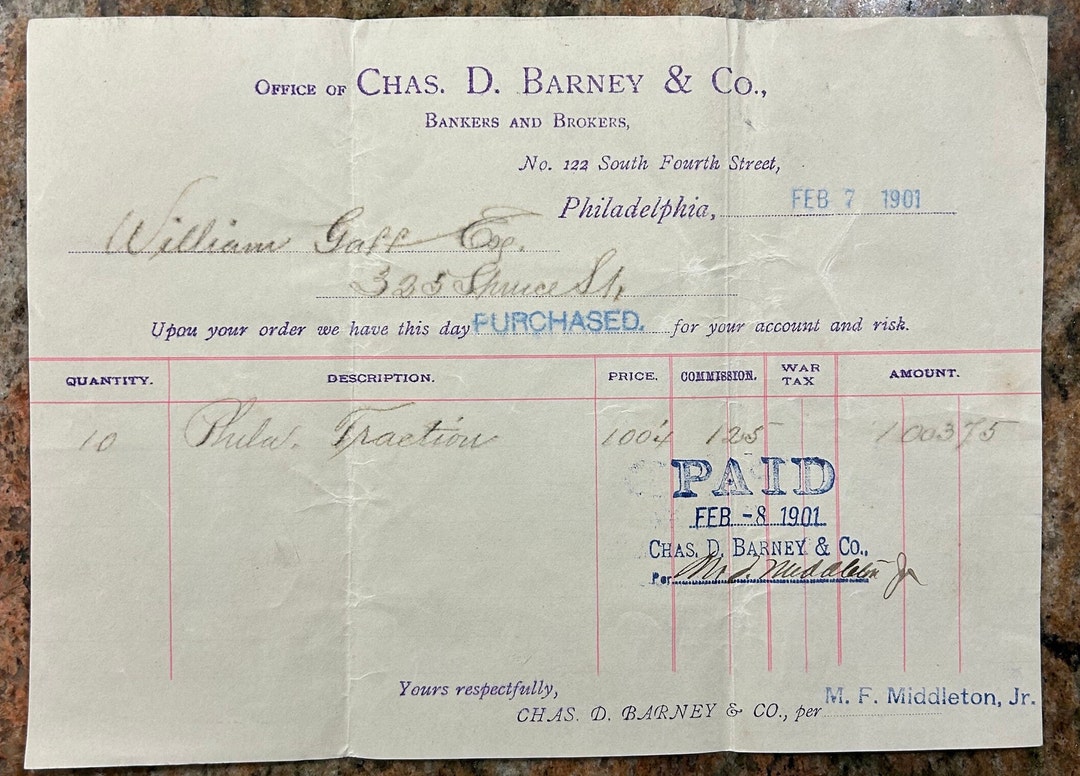 Vintage Rare Chas D. Barney & Co. Bankers and Brokers Purchased Order ...