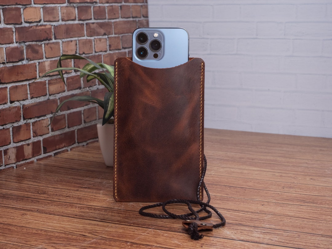 Handmade Genuine Leather Slim Phone Bag for Travel, Leather Sling Case ...