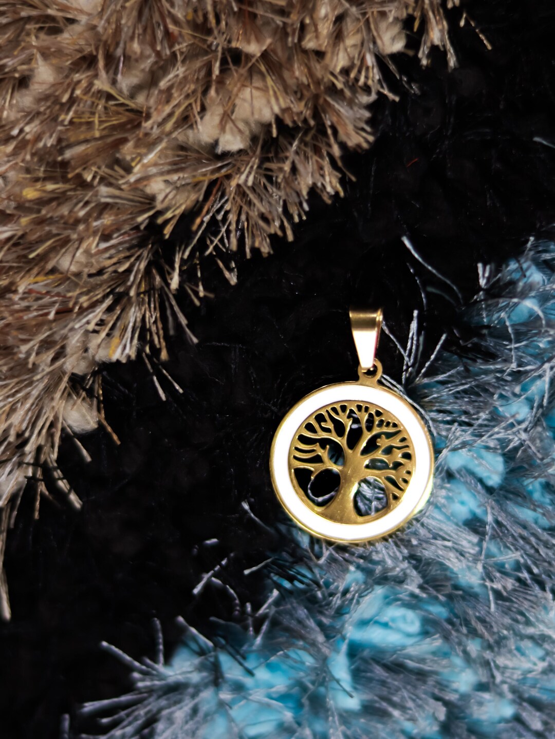 Tree of Life Pendant With White Enamel | Round Gold Polished Nature ...