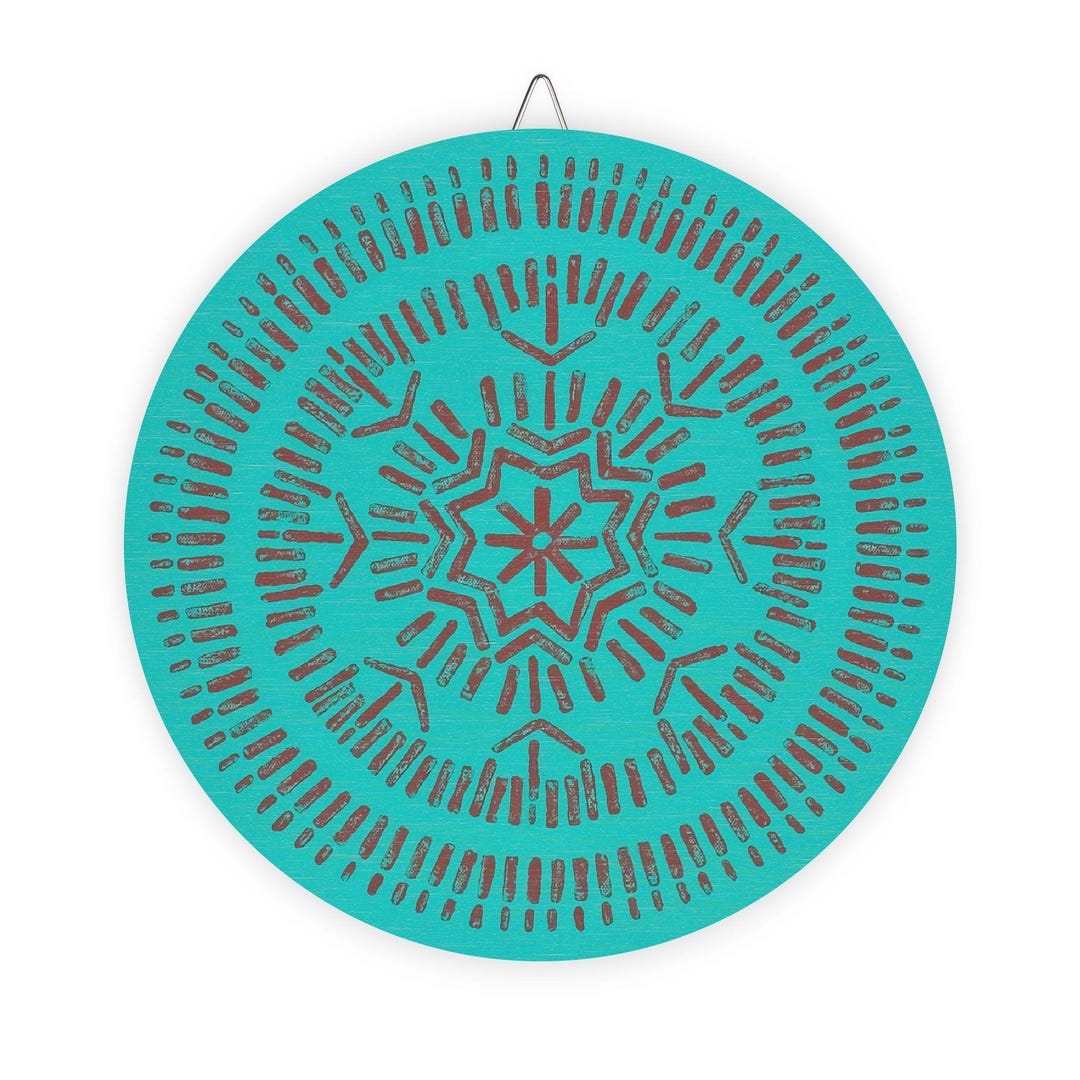 Round Wood Wall Decor Teal Block Print Wall Art Rustic Boho Wall Decor ...