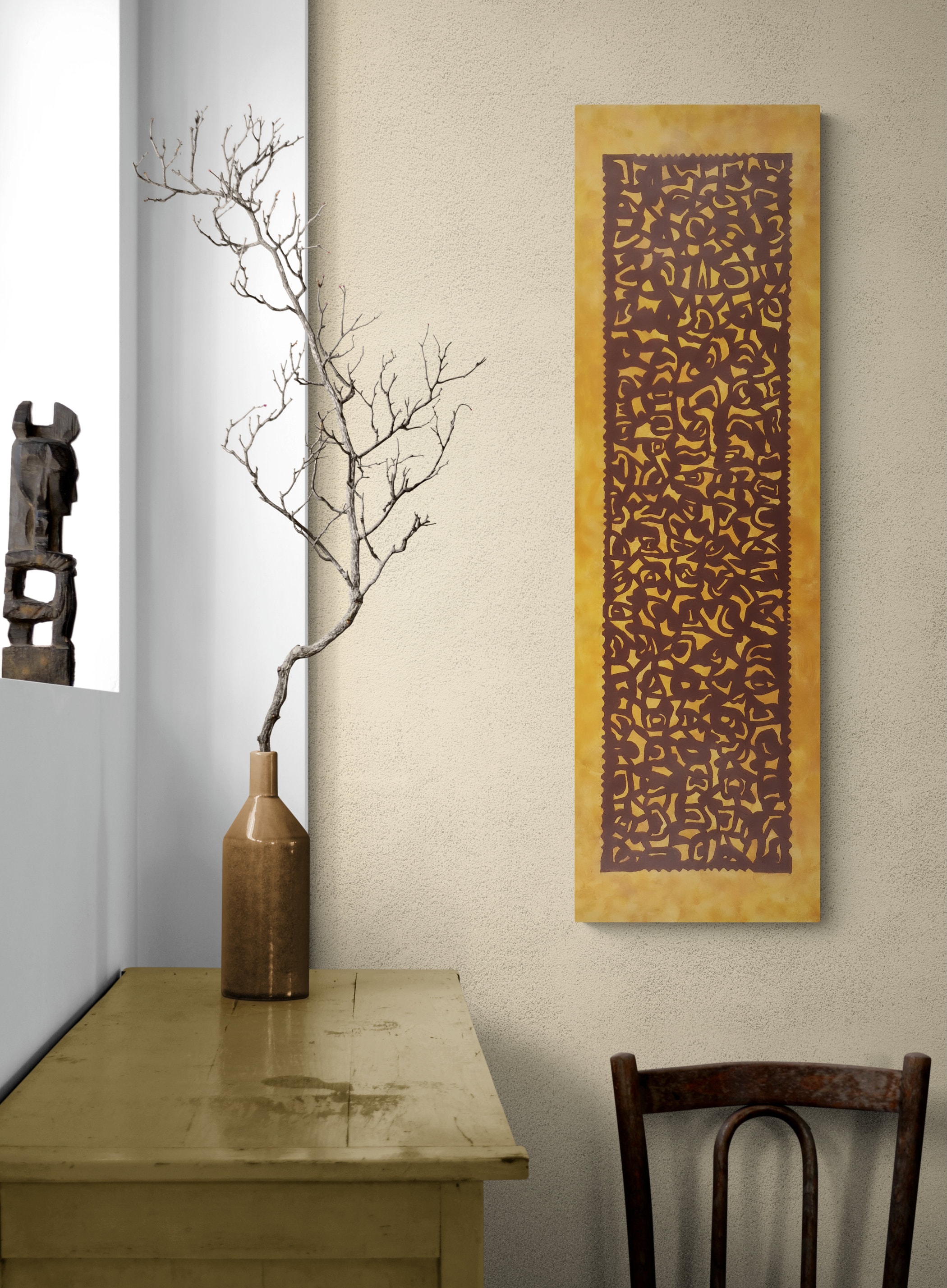Long Narrow Ethnic Painting Print on Canvas Ocher Brown Horizontal Warm ...