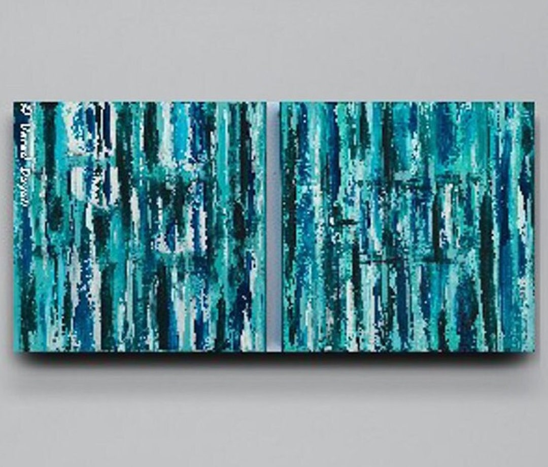 Two Original 12x12 Stripes Canvas Paintings Set of 2 Blue Teal ...