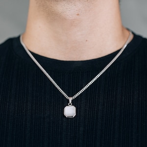 Men's Silver White Square Pendant Necklace / Stainless Steel Waterproof ...