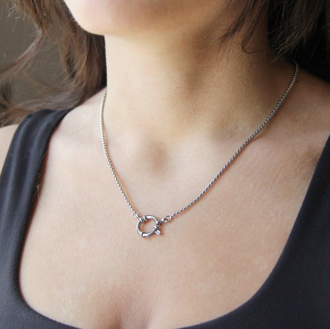 Silver Front Clasp Necklace for Women / Stainless Steel Waterproof ...