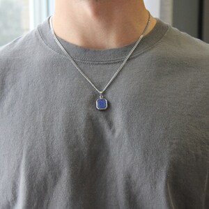 Men's Silver Pendant Necklace / Stainless Steel Water Safe Blue Square ...